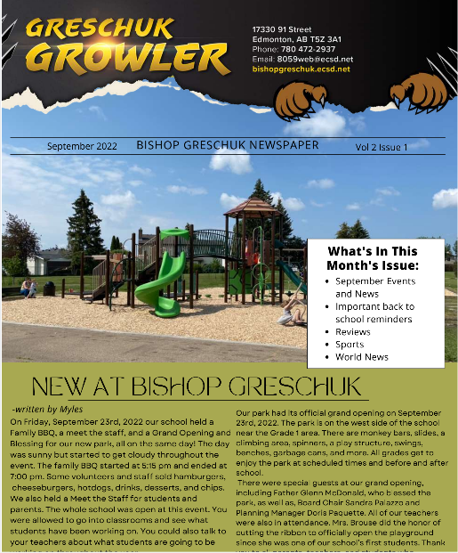 Greschuk Growler Newspaper - Bishop Greschuk Catholic Elementary School
